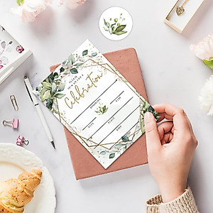 Whaline 25 Sets Greenery Invitations with Envelopes Stickers Watercolor Eucalyptus Leaves Invitation Cards Green Leaves Blank Invites for Wedding Bridal Baby Shower Birthday, 5 x 7 Inch