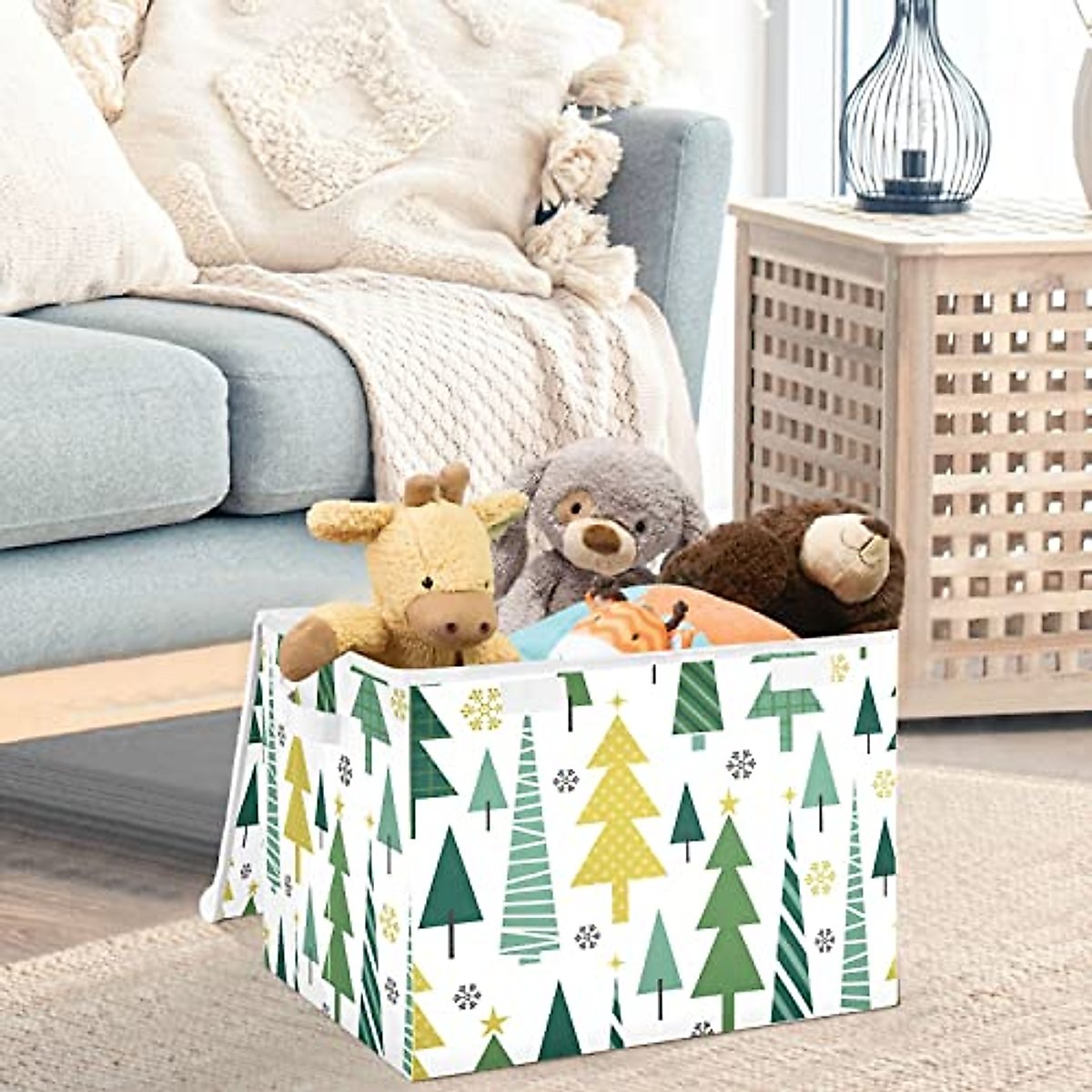 CaTaKu Christmas Tree Geen Storage Bins with Lids and Handles, Fabric Large Storage Container Cube Basket with Lid Decorative Storage Boxes for Organizing Clothes