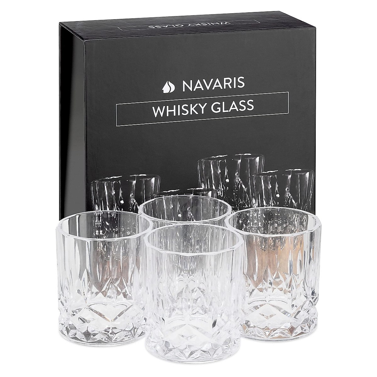 Navaris Glass Whiskey Tumblers (Set Of 4) - 9.8 oz Drinking Glasses And Gift Box - For Daily Use, Parties and Social Gatherings - Dishwasher-Safe