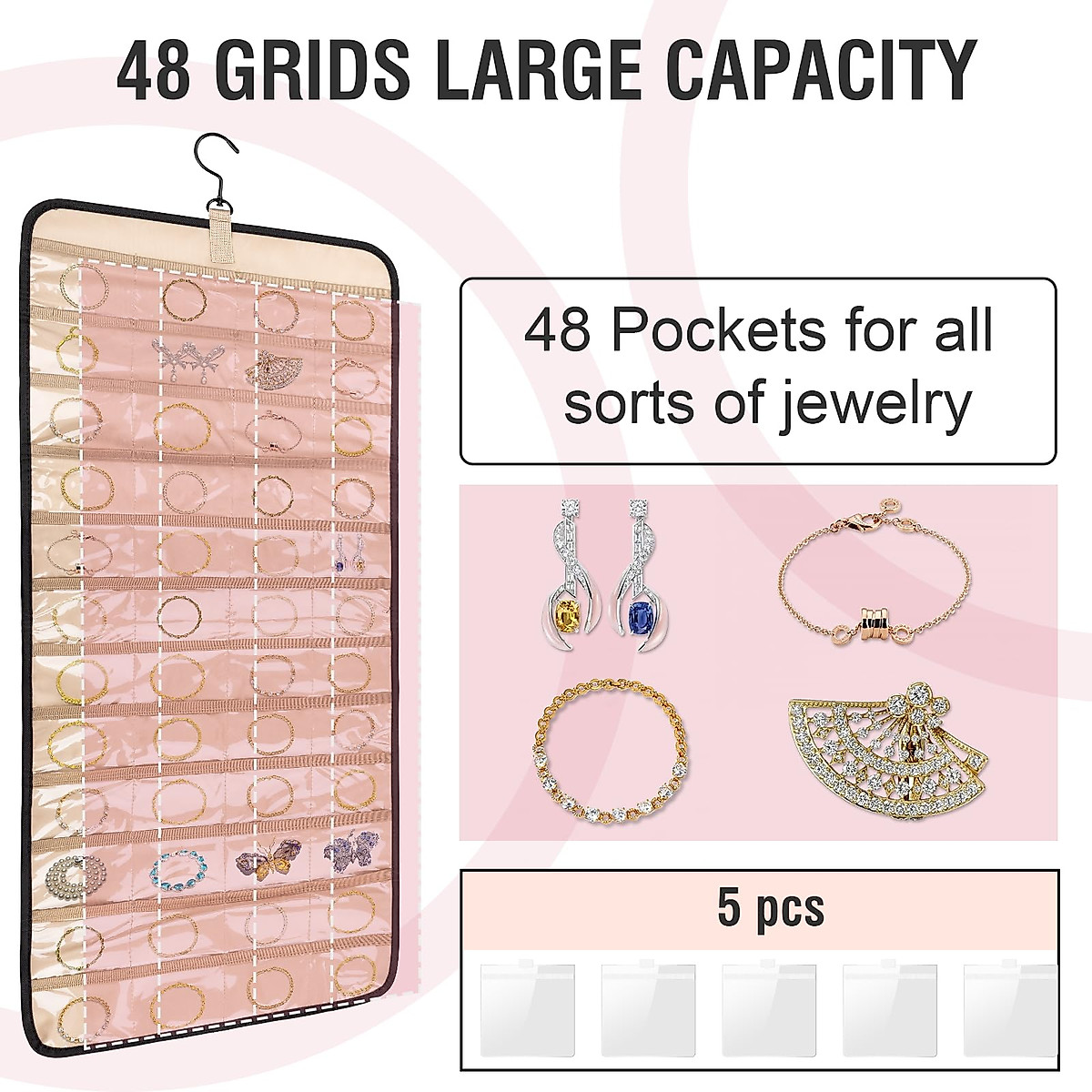 VOPTON Large Hanging Jewelry Organizer with 48 Pockets, Necklace Holder Wall Mounted, Dual-Sided Travel Bracelet Ring Earrings Storage Closet, Jewelry Hangers Hooks for 36 Necklaces Door and 5 Bags