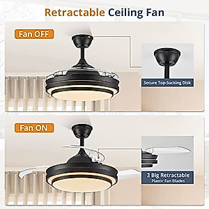 LEDIARY 42 Inch Retractable Ceiling Fans with Lights and Remote, Bladeless Ceiling Fans with LED Lighting, Smart Modern Ceiling Fan, Stepless Color Changeable, Dimmable, Timer Setting - Black