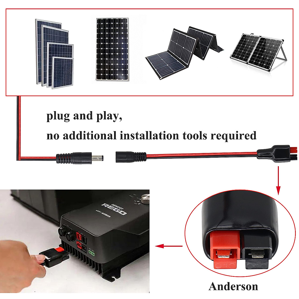 HCFeng 14AWG DC 5521Male/Female Power Plug to an-der-Son Cable 45A Solar Connector to DC5.5X2.1MM Cable Compatible with an-der-Son Port for Generator Battery and Foldable Solar Panel[60CM/2Ft]