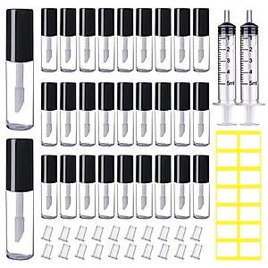 AMORIX 50PCS Mini Lip Gloss Tubes with Wand 1.2ml Empty Containers Clear Refillable Travel Lip Balm Bottles for Samples with 5ml Syringes DIY Lip Gloss Base + Tag Labels Stickers (Black)