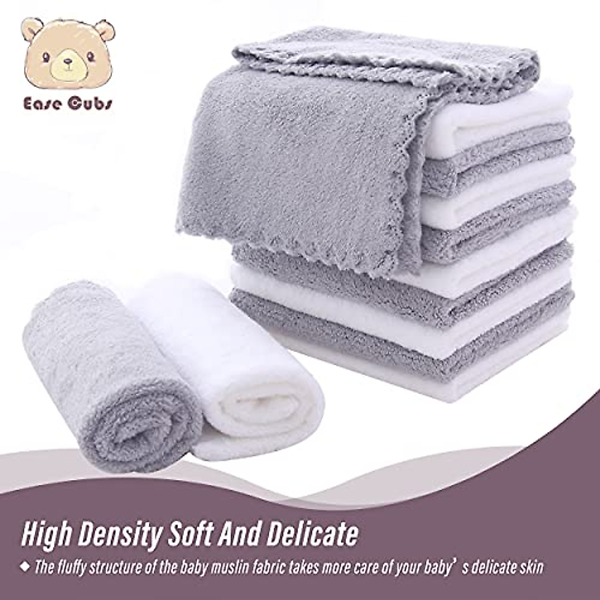 Ease Cubs 10 Pack Ultra Soft Burp Cloths for Baby and Newborn, 20" by 10" White and Grey