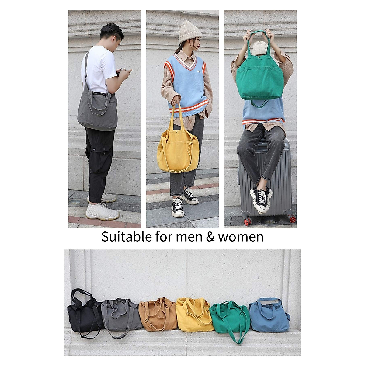 Jeelow Washed Canvas Tote Handbag Shoulder Bag Purse Crossbody With Pockets For Men & Women