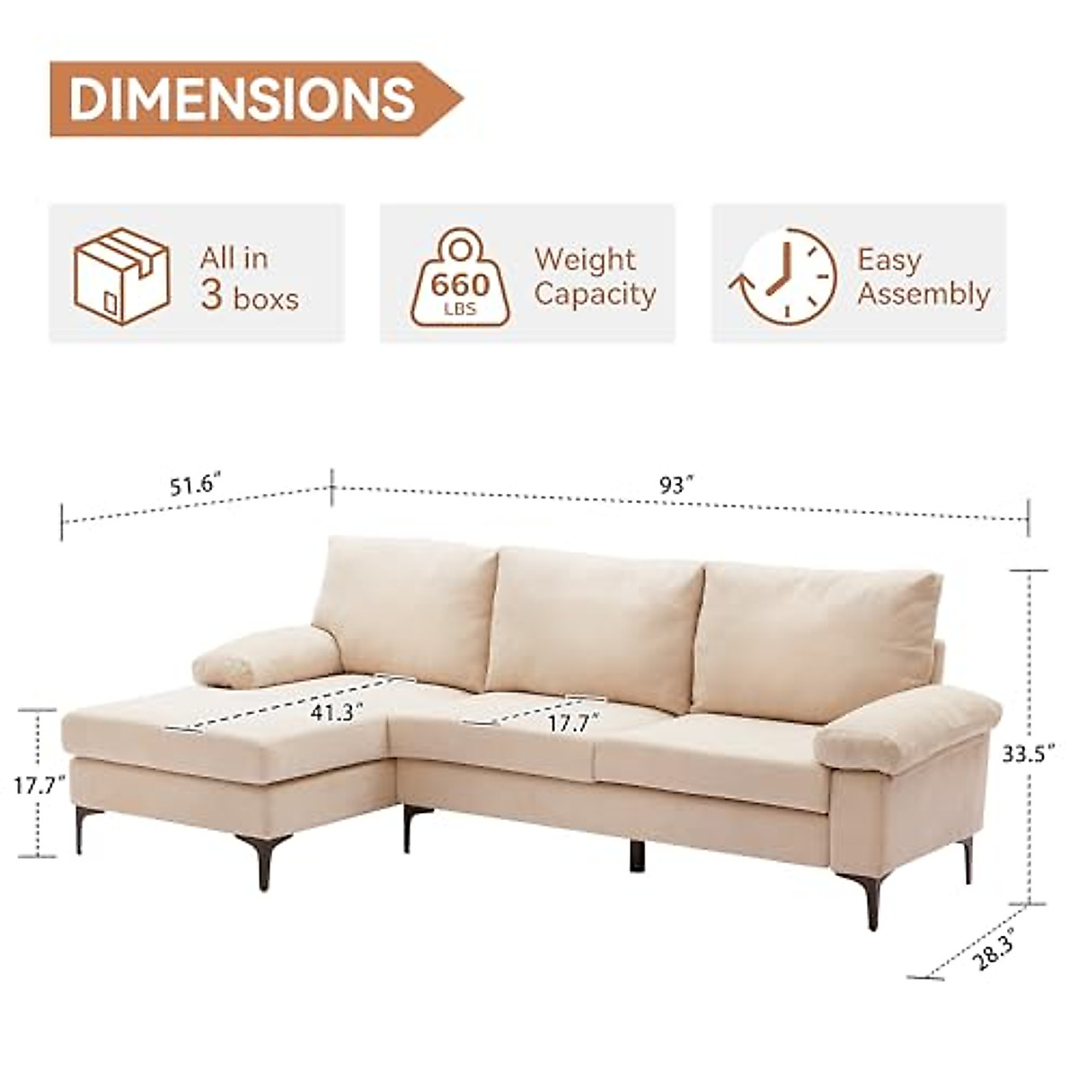 Kingfun 93" W Sectional Sofa Couch,L Shaped Couch with Removable Armrests for Living Room & Apartment,3-Seater Modern Upholstered Sofa with Wide Chaise Lounge,Beige
