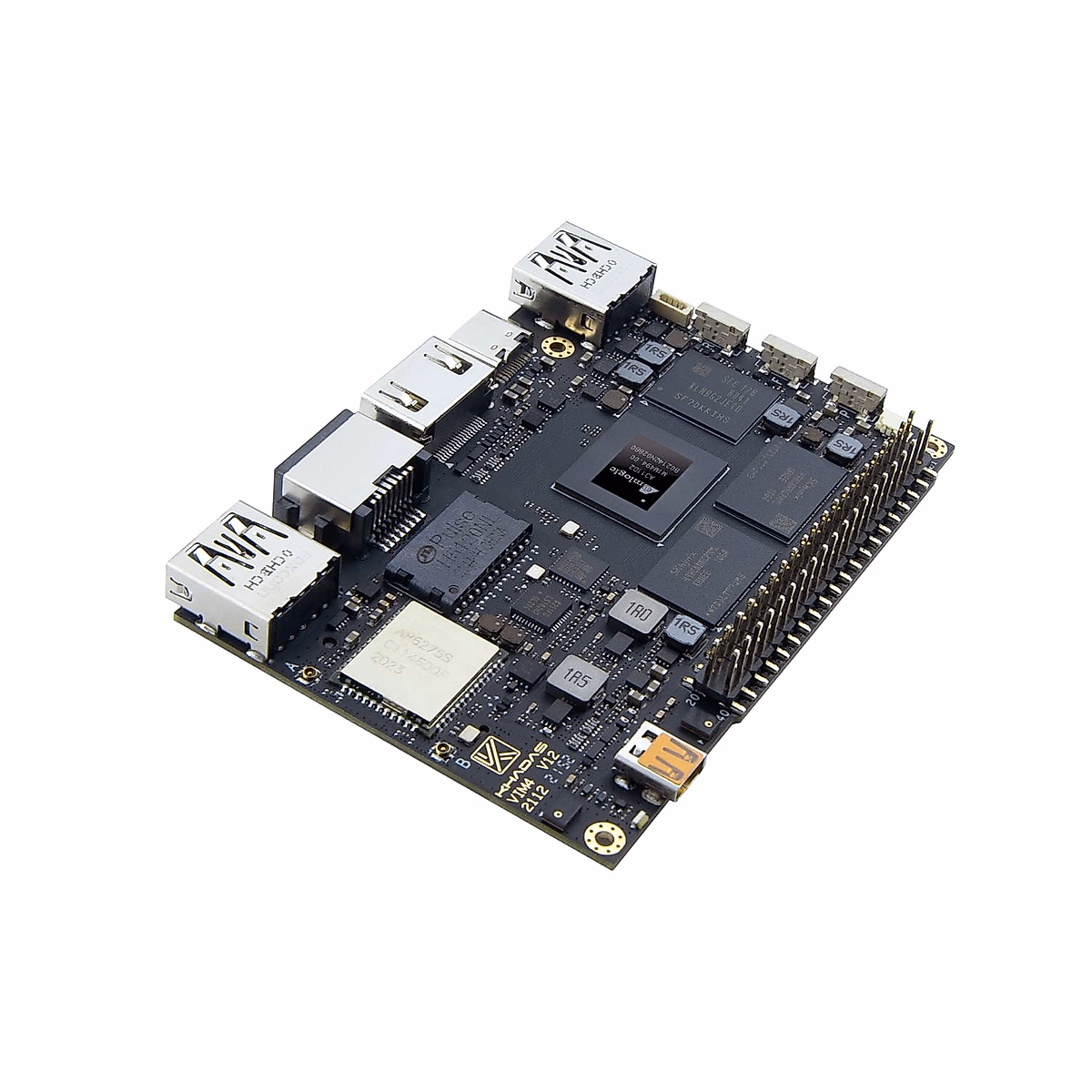 Amlogic A311D2 Single Board Computer-khadas VIM4 with 3.2 Tops NPU with Active Cooling Kit Supports 4K UI and HDMI Input, 4 Display Interfaces, LAN WiFi 6&BT5.1, 8GB 64bit LPDDR4X 2016MHz
