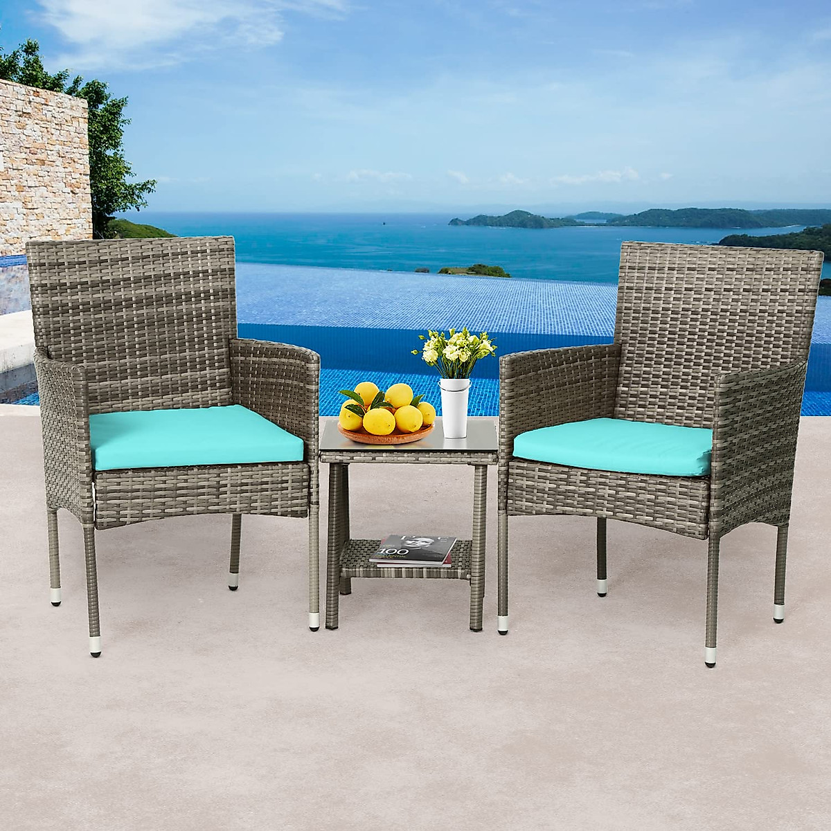 FDW 3 Piece Outdoor Furniture Set Patio Gray Wicker Chairs Furniture Bistro Conversation Set 2 Rattan Chairs with Blue Cushions and Glass Coffee Table for Porch Lawn Garden Balcony Backyard