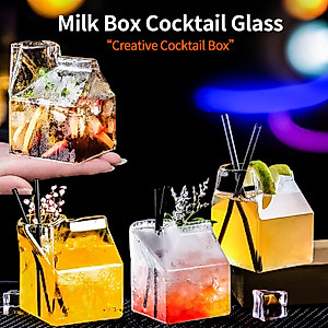 Cocktail Glasses 12oz/360ml Set of 2 Glass Milk Carton Box Creamers Lead-Free Martini Glass Mixing Cups Mini House-shaped Square Container Pitcher for Cocktails Milk Coffee Juice Whiskey Gift