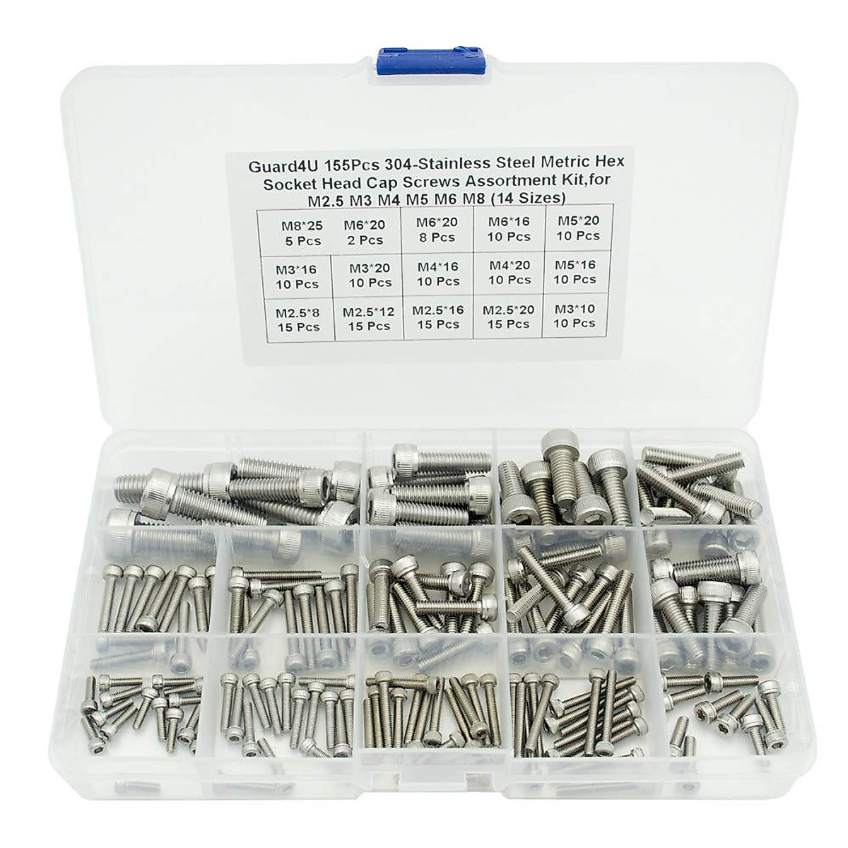 Guard4U 155Pcs 304-Stainless Steel Metric Hex Socket Head Cap Screws Assortment Kit,for M2.5 M3 M4 M5 M6 M8 (14 Sizes)