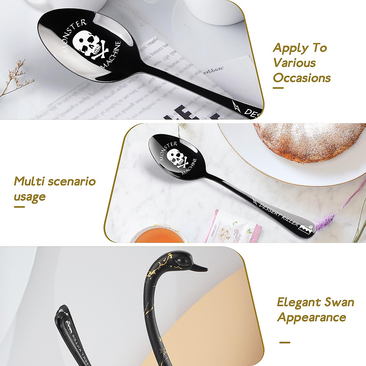 12 Pcs Skull Coffee Spoons Set With Large Black Swan Base Holder OIULO Stainless Steel 6.7-Inch Creative Dinnerware Set Goth Pattern Fruit,Dessert,Stirring, Mixing, Sugar, Stir, Cake Ice Cream