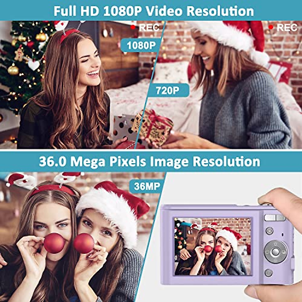 Digital Camera FHD 1080P 36MP Vlogging Camera Rechargeable Kids Camera with 16X Digital Zoom, LED Fill Light, LCD Screen, 2 Batteries, Compact Portable Pocket Camera for Teens Students (Purple)