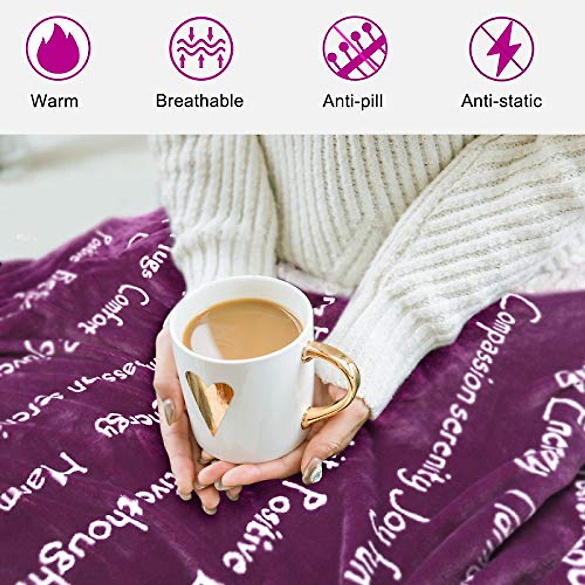 CIMA Healing Positive Blanket, Gift for People Need Hug Strength Company, Thoughts Positive Energy Love & Hope & Fluffy Comfort (50 x 60 Inch Purple)
