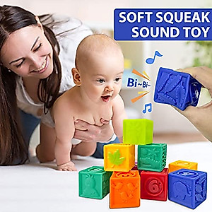 Building Blocks Baby Toys for 3 Months and up, Soft Squeeze Sensory Colorful Teething Chewing Educational Stacking Blocks with 3D Embossed Patterns