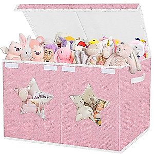 Xmasorme Large Toy Box for Girls, Toy Chest Box Organizer Bins with Star Transparent Windows, Sturdy Handles and Mesh Bag, Foldable Large Size Storage Box for Nursery, Playroom, Bedroom