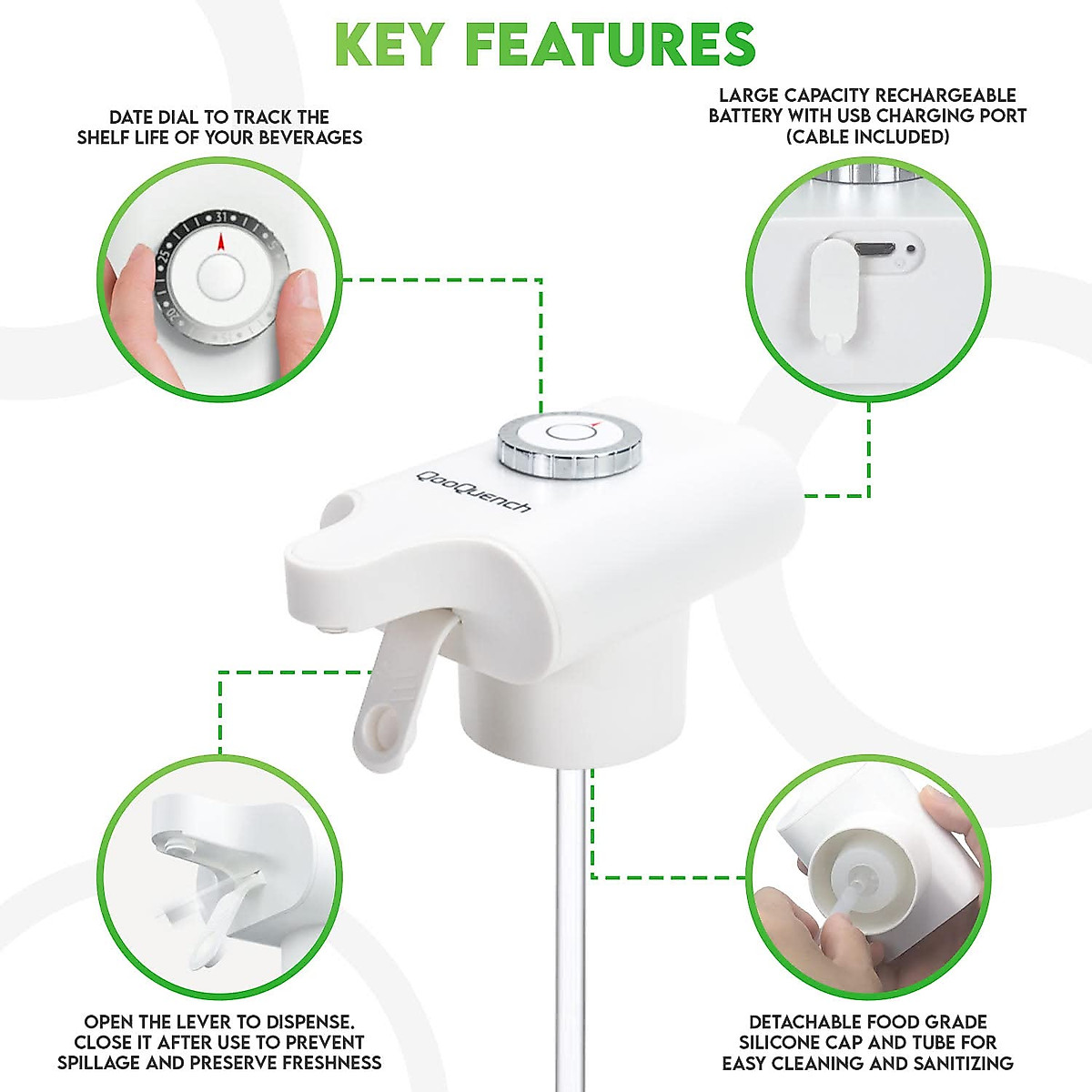QooQuench Upgraded Automatic Drink Dispenser, Milk Dispenser For Fridge Gallon: USB Rechargeable, Easy to Clean, Leakproof Milk Jug Pump, Electric Tap For Juice & Beverage to Preserve Freshness Longer