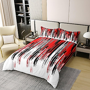 Feelyou Red White Black Bedding Duvet Cover 100% Cotton Set Stripes Reversible Bedding Set Geometric Comforter Cover Set for Room Decor Modern Abstract Art Bedspread Cover Twin Size With 1 Pillow Case