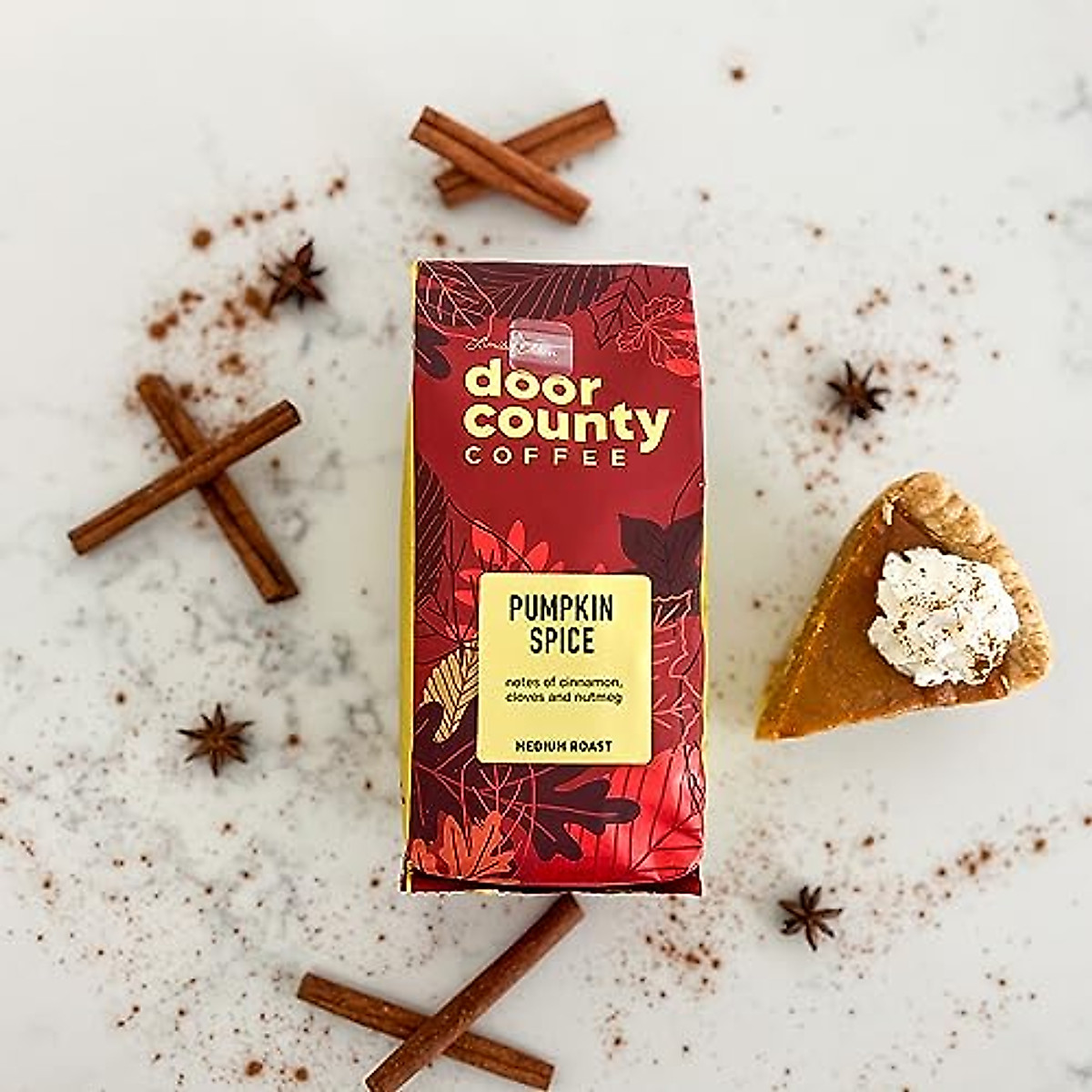 Door County Coffee, Fall Seasonal Flavored Coffee, Pumpkin Spice Decaf, Cinnamon & Nutmeg Flavored Coffee, Medium Roast, Ground Coffee, 8 oz Bag