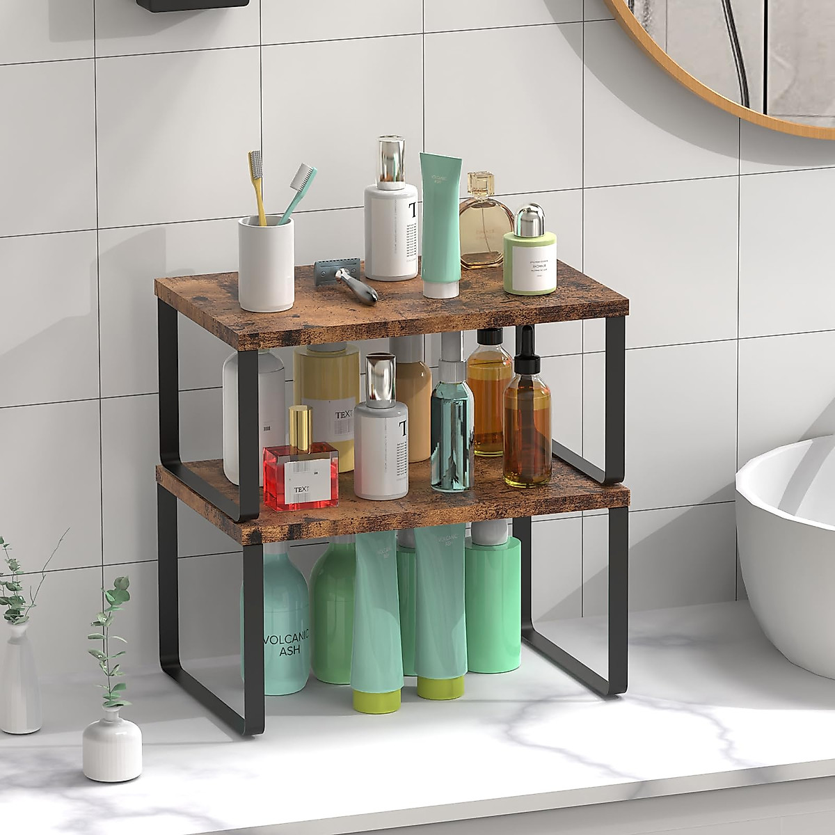 CADUKE Set of 4 Counter Shelves Kitchen Stackable Cabinet Shelf Wood Organizer Expandable Counter Top Racks Brown Bathroom Counter Organizer