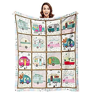 Happy Camper Decor Blanket Camping Bus Throw Blanket Soft Warm Camp Bedding for Adults Teens Couch Sofa 50" X 60" Yellow