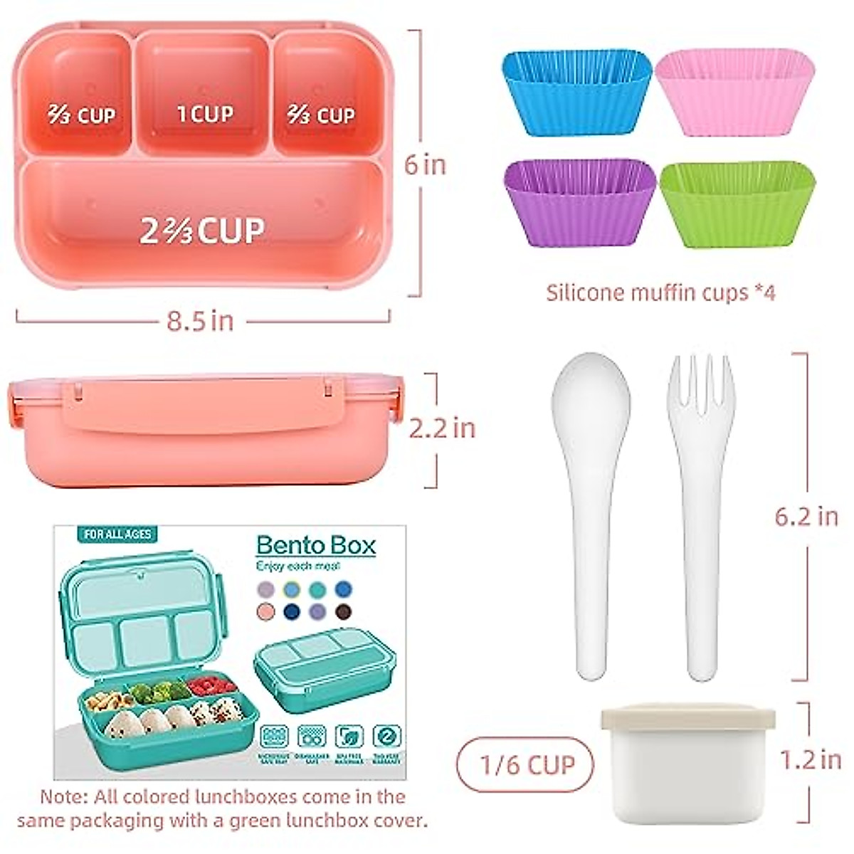 QQKO Bento Lunch Box for Adult Men Women, Toddler Kids Lunch Boxes for School Girls Boys, Lunch Containers for Adults Kids with 4 Compartments, Sauce Container, Utensils and Muffin Cups, Pink