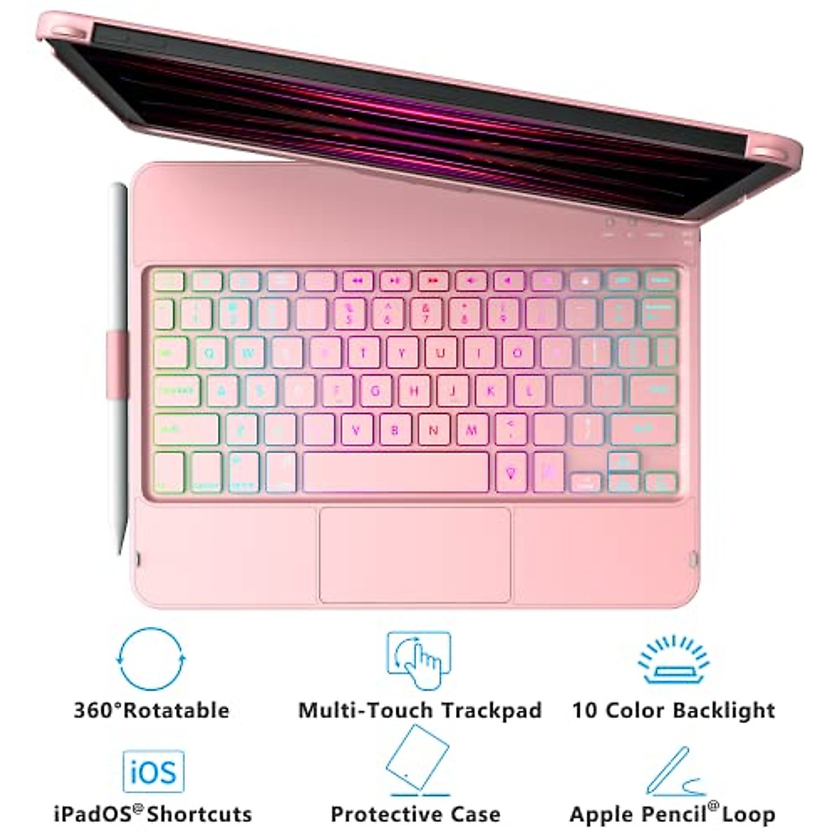 iPad Pro 11 inch Case with Keyboard, iPad Air 5/Air 4 10.9 inch Keyboard Case with Trackpad, Keyboard Case for iPad Air 5/Air 4 and iPad Pro 1-4 Gen, Backlit 10 Color & 360 Screen Rotation - Rose Gold