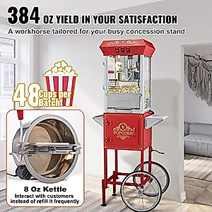 VEVOR Commercial Popcorn Machine, 8 Oz Kettle, 850 W Popcorn Maker on Wheels for 48 Cups per Batch, Theater Style Popper w/ 3-Switch Control Steel Frame Tempered Glass Doors Cart 2 Scoops 2 Spoons, Red