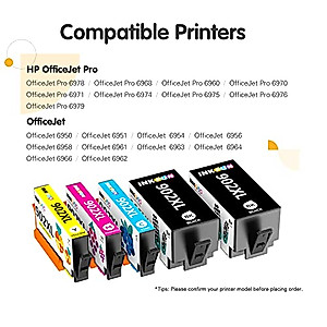 INKFUN 902XL 902 Ink Cartridges Combo Pack 5 Packs Replacement for HP OfficeJet Pro 6978 6960 6962 6968 6954 Printers (2Black/1Cyan/1Yellow/1Magenta)