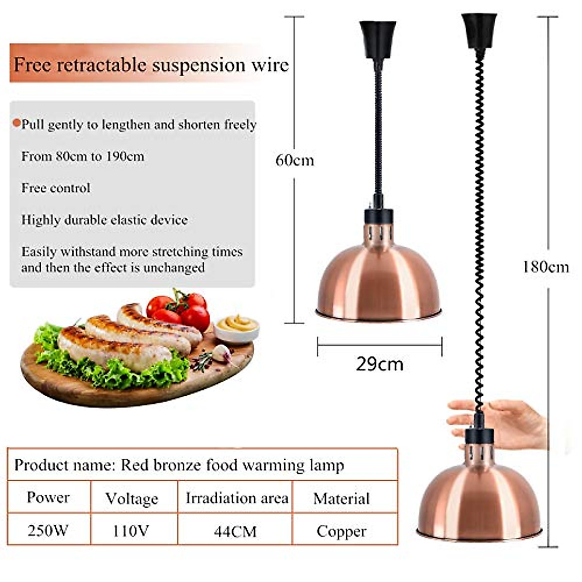 JIAWANSHUN D Type Food Warmer Lamp Food Heat Lamp Warmer with Bulb 250W 290mm Commercial Food Warmer Retractable Heat Lamps Catering Food Warmers Restaurant Supplies Food Service (Champagne) 110V