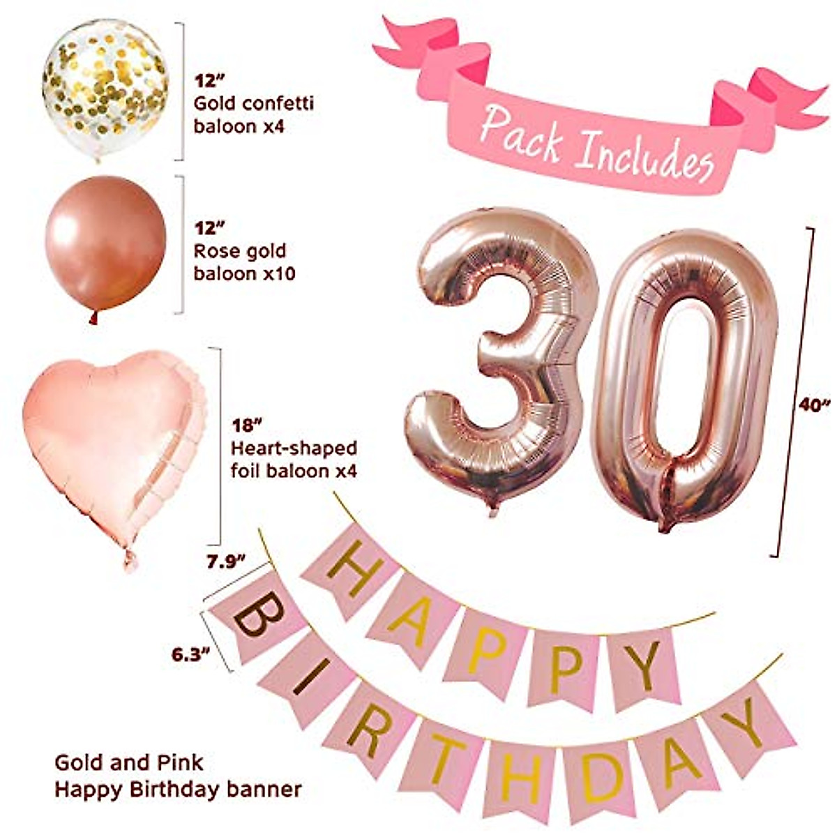 30th Birthday Decorations For Her - Birthday Decorations: 40 Inch 30th Gold Balloons, Pink and Gold Happy Birthday Decorations for Women, Happy Birthday Banner, Confetti Balloons, Rose Gold Heart Balloons (22 Pieces)