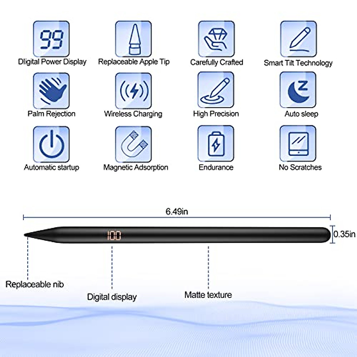 Zosylala 2nd Generation Stylus Pen for iPad with Wireless Charging,Palm Rejection,Digital Display,Compatible with Apple iPad Mini 6,iPad Air 4/5,iPad Pro 11 inch1/2/3/4,iPad Pro 12.9 inch3/4/5/6-Black