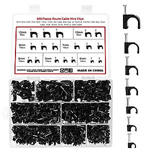 OCR 600pcs Circle Cable Clips with Steel Nail in Black Wire Clips 4mm 5mm 6mm 7mm 8mm 10mm 12mm Cord Management for RG6, RG59, CAT6, Coax Cable, Ethernet, TV, Telephone, Printer Cable