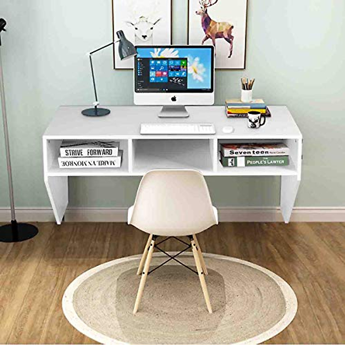 WATERJOY Wall Mounted Desk Computer Desk Floating Table, Home Office Working Desk, Wall Mounted Console Workstation Laptop PC Table with Storage Shelves White