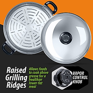 Maxam Stainless Steel 13 Inch Grill Pan, Durable Stainless Steel Construction with Heat Resistant Handle, Cover and Sear Ridges