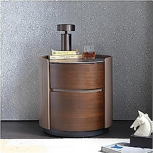 Round Bedside Table Slate Top Modern Nightstand W/ 2 Drawer End Table Side Table Solid Wood Bedside Cabinet for Bedroom Living Room Decor
