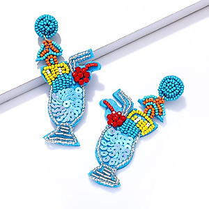 Boderier Beaded Earrings Statement Hand Beaded Tropical Drink Beaded Statement Earrings Summer Party Cute Beaded Cocktail Glass Earrings Blue