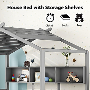 Bellemave Full Size House Bed with 2 Storage Drawers,Kids Bed with Storage Shelves,Wooden House Bed Frame for Girls,Boys,Can be Decorated,Gray