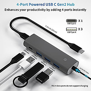 USB 3.2/3.1 Gen 2 Hub, 4-Port Powered USB Gen 2 Hub (USB-C to USB-A x3 & USB-C), Aluminum 10Gbps SuperSpeed USB-C Data Hub for Mac/Laptop/PC, Compact USB Splitter