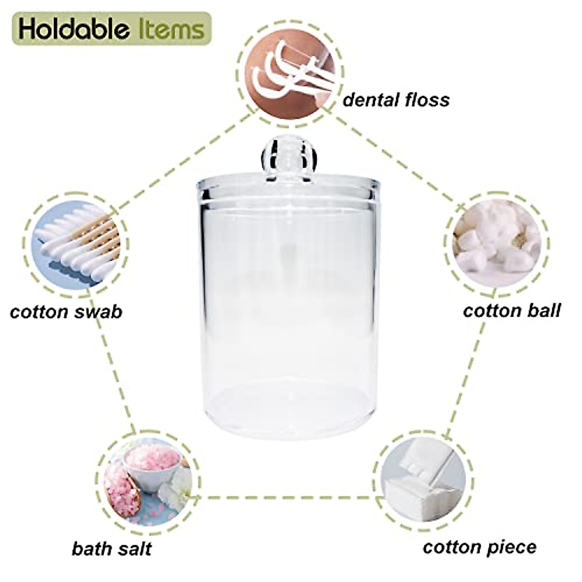 Qihomy 10-Ounce Qtip Holder Dispenser for Cotton Balls, Cotton Swabs, Cotton round pads, Clear Plastic Apothecary Jar Set for Bathroom Canister Storage Organization, Dresser Organizer (2 Pack)