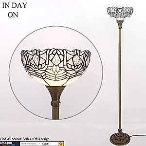 WERFACTORY Tiffany Floor Lamp White Crystal Stained Glass Light 12X12X66 Inches Pole Torchiere Standing Corner Torch Uplight Decor Bedroom Living Room Home Office S508W Series