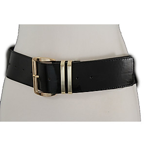 TFJ Women Fashion Wide Belt Faux Leather Metal Buckle Plus Size L XL (Black - patent faux leather)