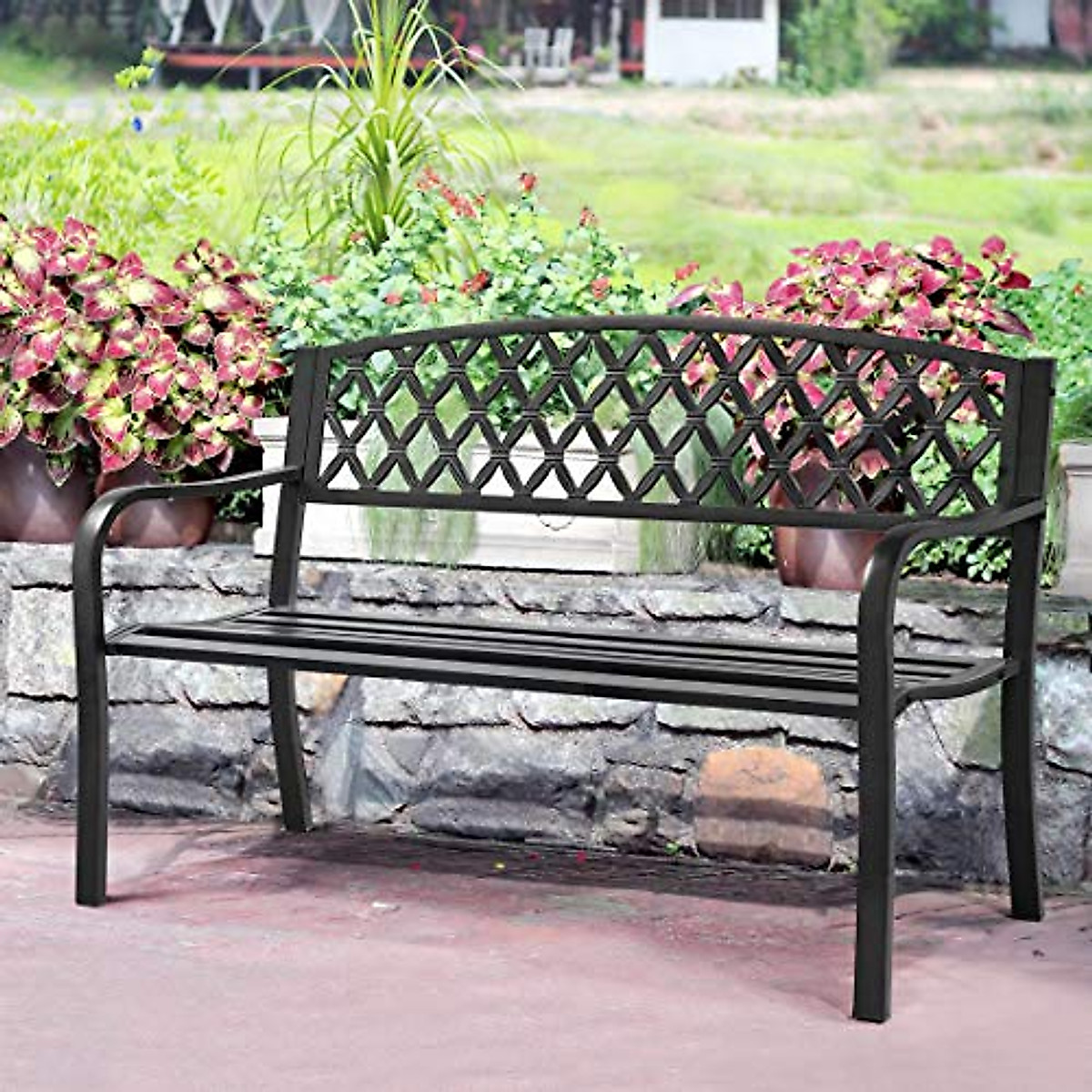 Yaheetech Garden Bench Patio Park Bench, Cast Iron Metal Frame Porch Bench, Outdoor Yard Bench with Mesh Pattern and Armrests for Lawn, Deck, Work, Path, Backyard, Entryway Clearance - Black
