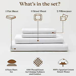 RV Short Queen Sheets Set - 600 Thread Count, 100% Egyptian Cotton Sheets - 4 Piece Bed Sheets for RV Short Queen Size Bed - Sateen Weave Hotel Quality Sheets, Breathable & Cooling (White)