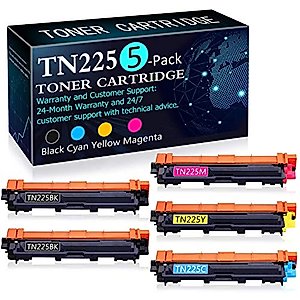5 Pack (2BK+1C+1Y+1M) TN225 Toner Cartridge Replacement for Brother MFC-9130CW MFC-9140CDN MFC-9330CDW MFC-9340CDW DCP-9015CDW DCP-9020CDN HL-3140CW HL-3150CDN HL-3170CDW HL-3180CDW Printers Toner