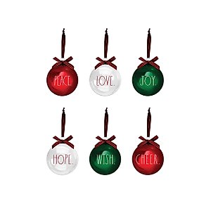 Rae Dunn Christmas Ornaments - Set of 6 Glass Balls - Red, Green, Clear - Peace, Love, Joy, Hope, Wish, Nice - 60mm / 2.36 Inch Hanging Holiday Decorations for Xmas Tree