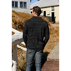 Aoysky Men's Stand Collar Sweater Thermal Button Pullover Sweater Tops Henley Knit Sweaters Black