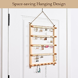 Lolalet Hanging Jewelry Organizer, 5-Tier Wooden Earring Wall Holder Jewelry Display Rack for Earrings Dangles Necklaces Bracelets -Natural