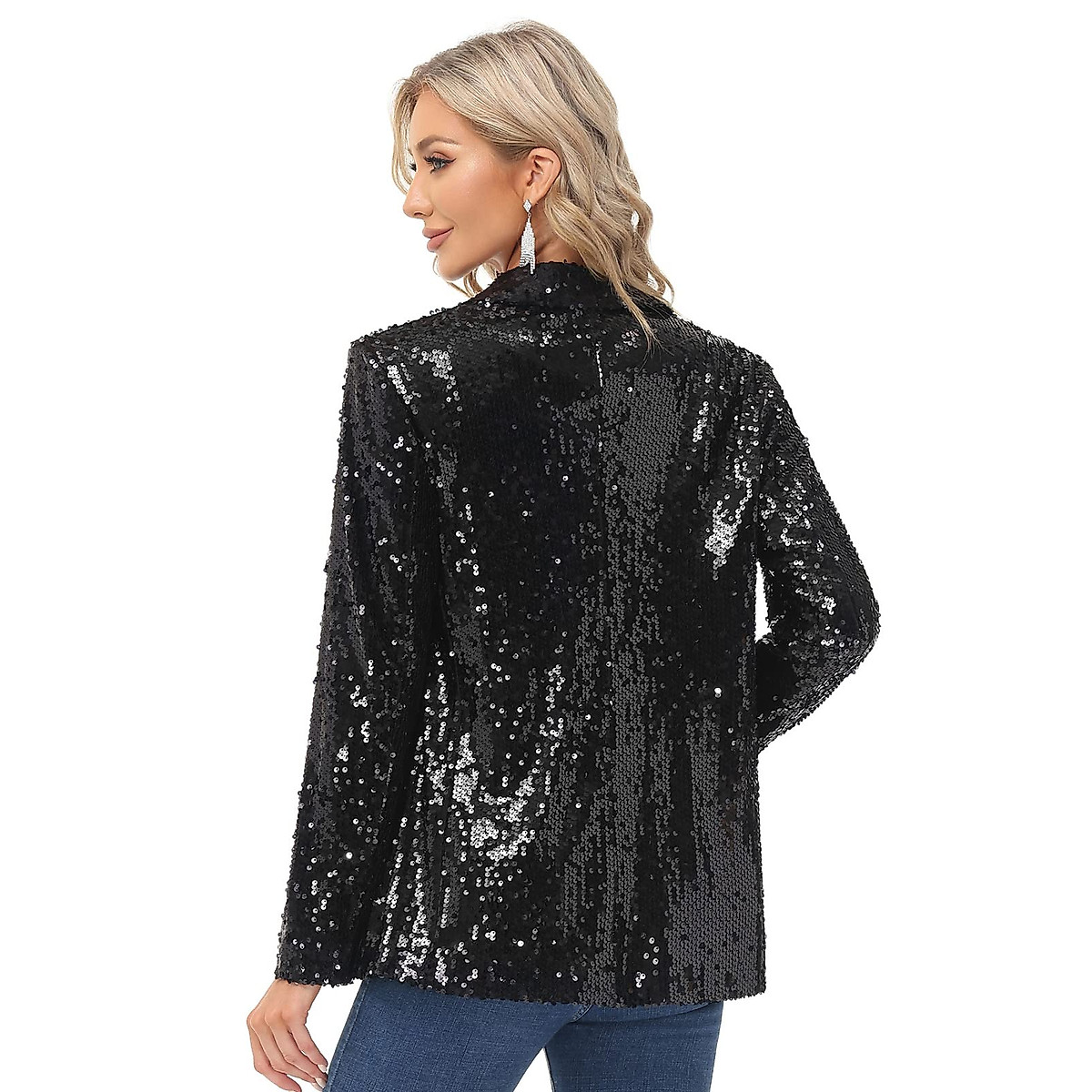 Women Long Sleeve Sequin Blazer Casual Open Front Sparkly Jackets for Party with Pockets Black S