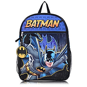 DC Comics BATMAN Boys Backpack for Little Kids | 6 Piece Set Kids Water Bottle Keychains Snack Tote and Knapsack for School (Batman 6Pc)