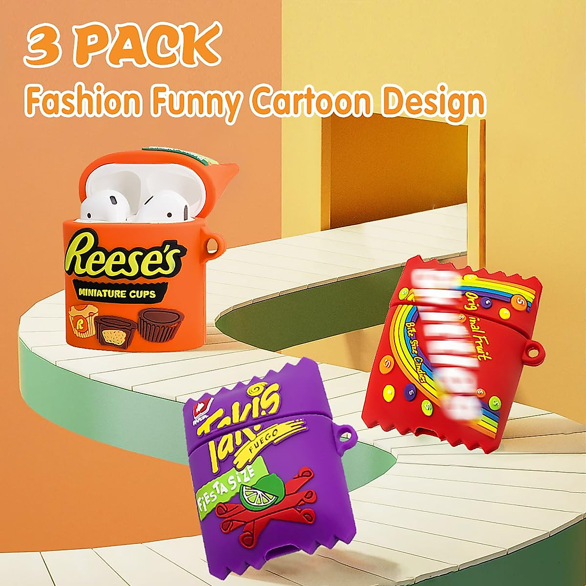 3 Pack AIBEAMER Funny Case for AirPods 2nd 1st Generation Protective Covers, New Takis Kawaii Food Fun Skin Soft Silicone Design for AirPods 2&1 Women Girl Kids with 3 Keychain Rainbow Candy Chocolate